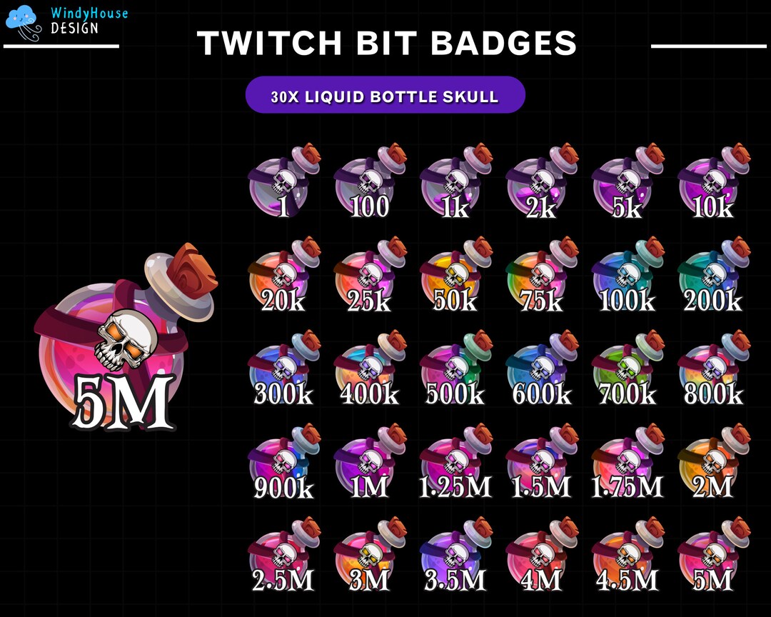 30x Skull Liquid Bottle Twitch Bit Badges, Skull Bit Badges, Numbers ...