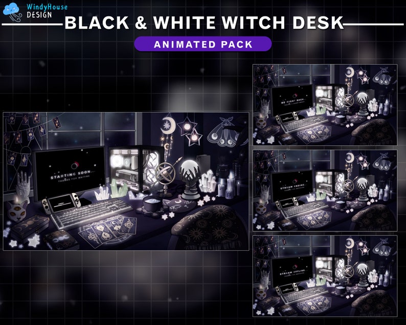 Animated Stream Package Black & White Witch Desk, Goth Twitch Overlay ...
