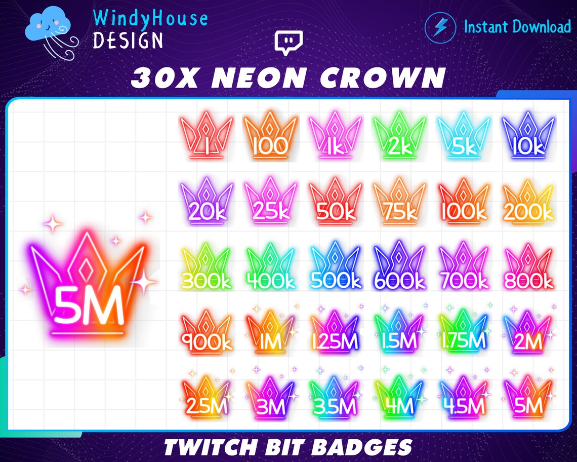 30x Neon Crown Twitch Bit Badges,diamond Crowns Bit Tier Badges, Number ...