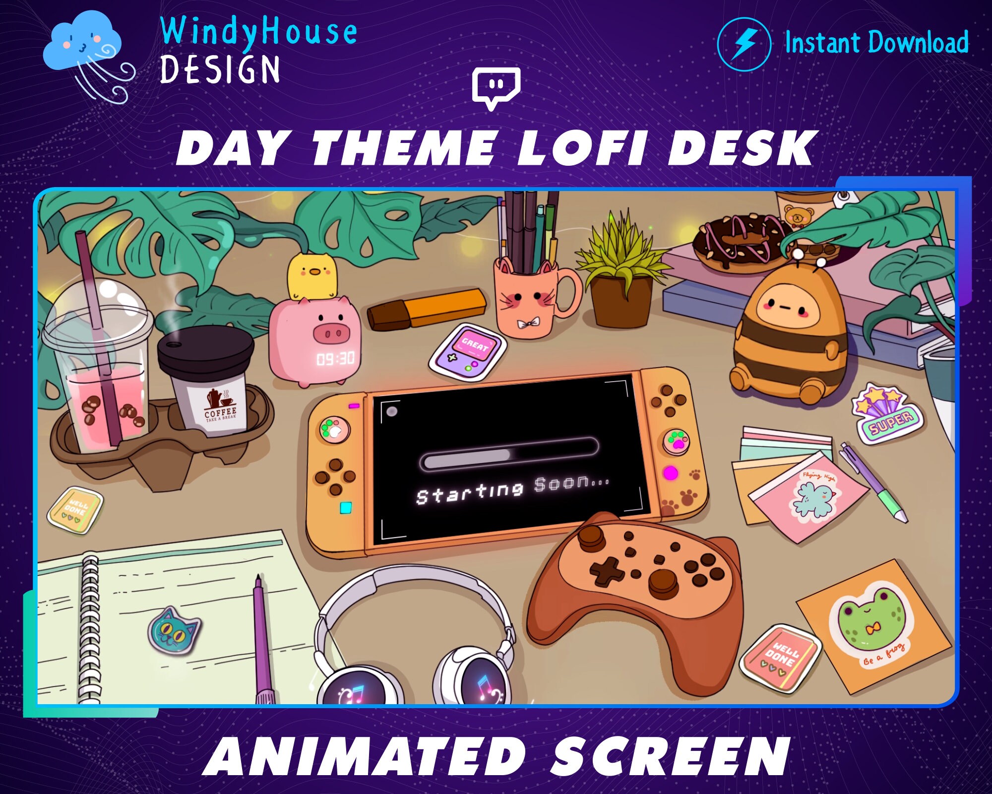 Cozy Twitch Overlay Stream Screen, Lofi Desk Twitch Overlay, Coffee ...