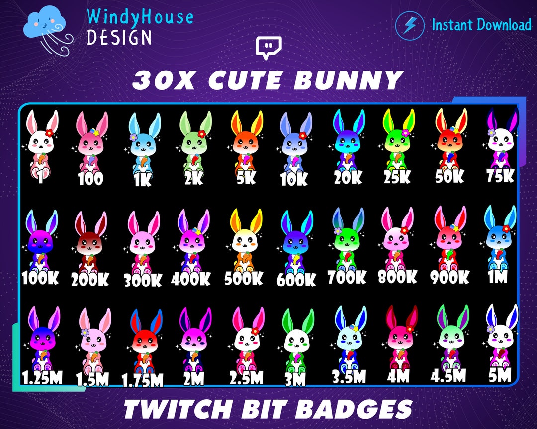 30x Cute Bunny Twitch Bit Badges, Complete Twitch Bit Badges Set ...