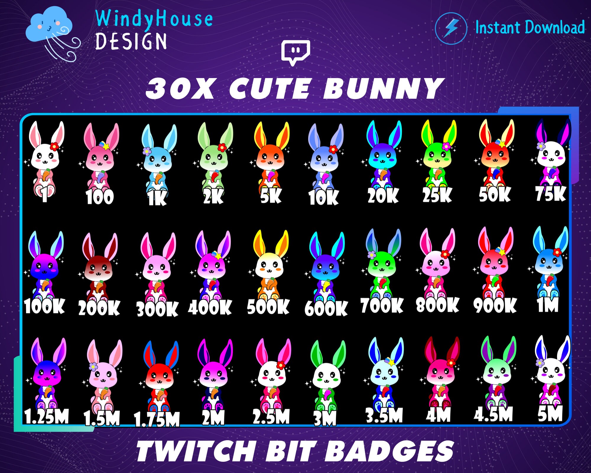 30x Cute Bunny Twitch Bit Badges Complete Twitch Bit Badges - Etsy