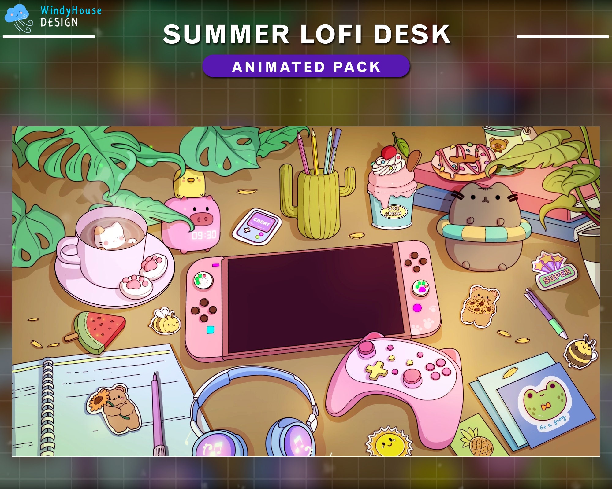 Animated Twitch Overlay Summer Desk, Animated Stream Package Pink Cozy ...