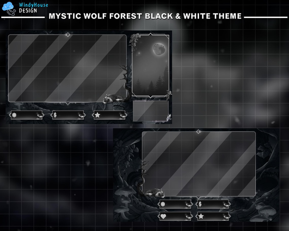 Animated Stream Package Mystic Wolf Moon in Forest Black White Theme ...