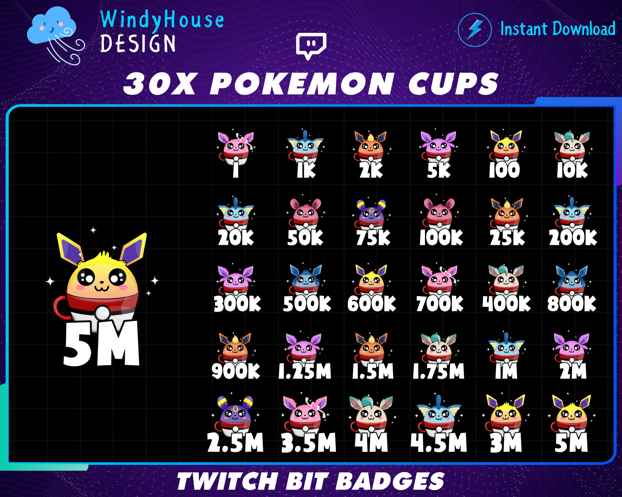 30x Pokemon Cups Bit Badges / Complete Twitch Bit Badges Set/ - Etsy