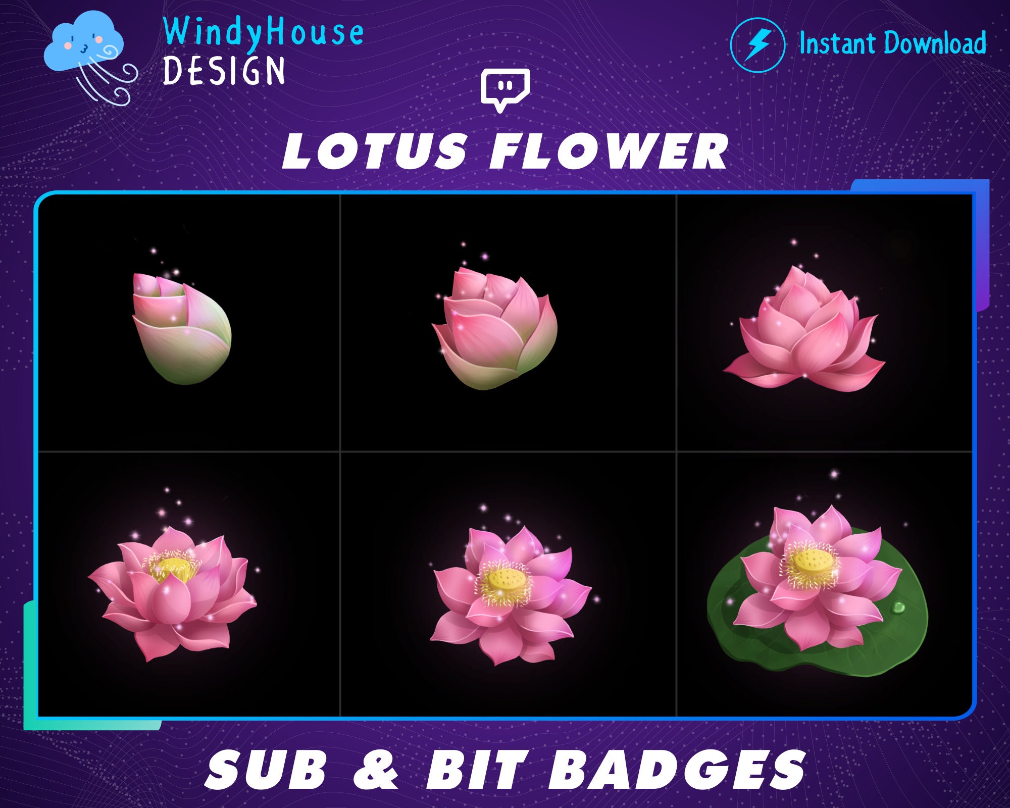 Blooming Lotus Flower Twitch Sub/bit Badges, Kawaii Sub Badges, Cute ...