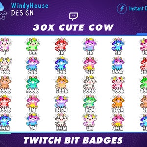 30x Cute Cow Twitch Bit Badges / Complete Twitch Bit Badges Set/ Twitch ...