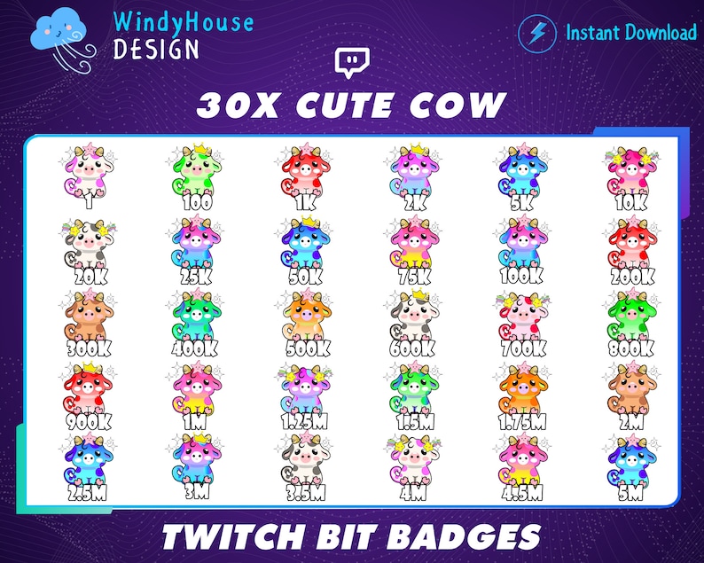30x Cute Cow Twitch Bit Badges / Complete Twitch Bit Badges Set/ Twitch ...