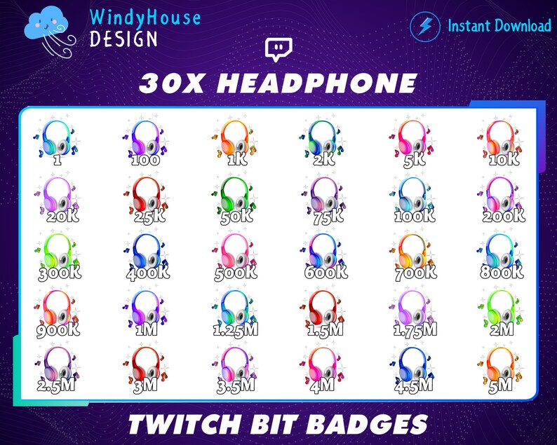 30x Headphone Twitch Bit Badges, Cute Bit Badges Set, Twitch Tier ...