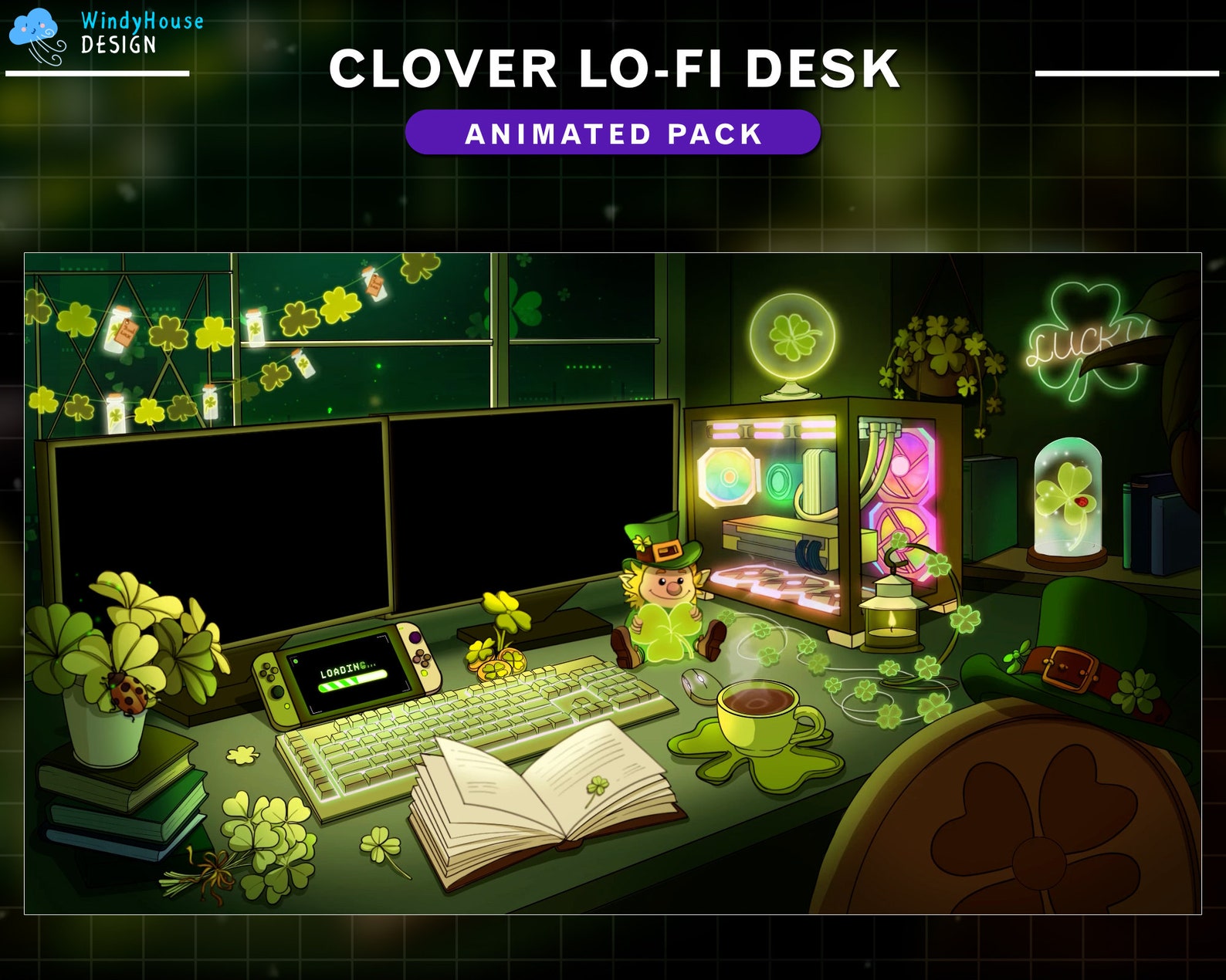 Animated Stream Full Package Four-leaf Clover Lofi Desk, Patrick's Day ...