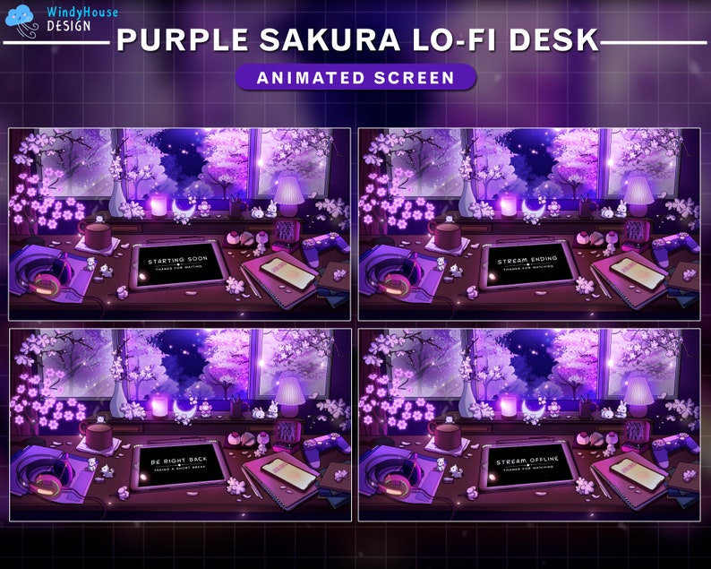 Animated Twitch Screens Purple Sakura Lo-fi Desk, Cozy Game Room With ...