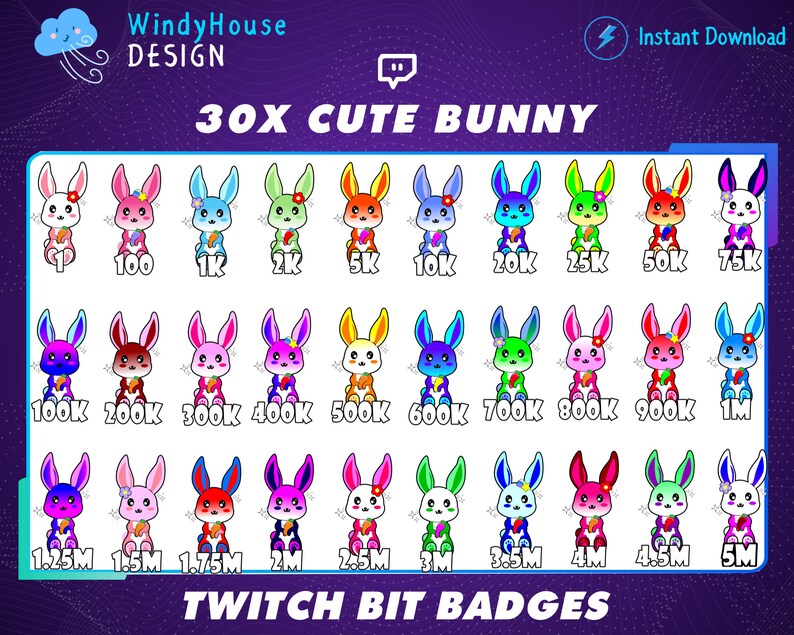 30x Cute Bunny Twitch Bit Badges Complete Twitch Bit Badges - Etsy