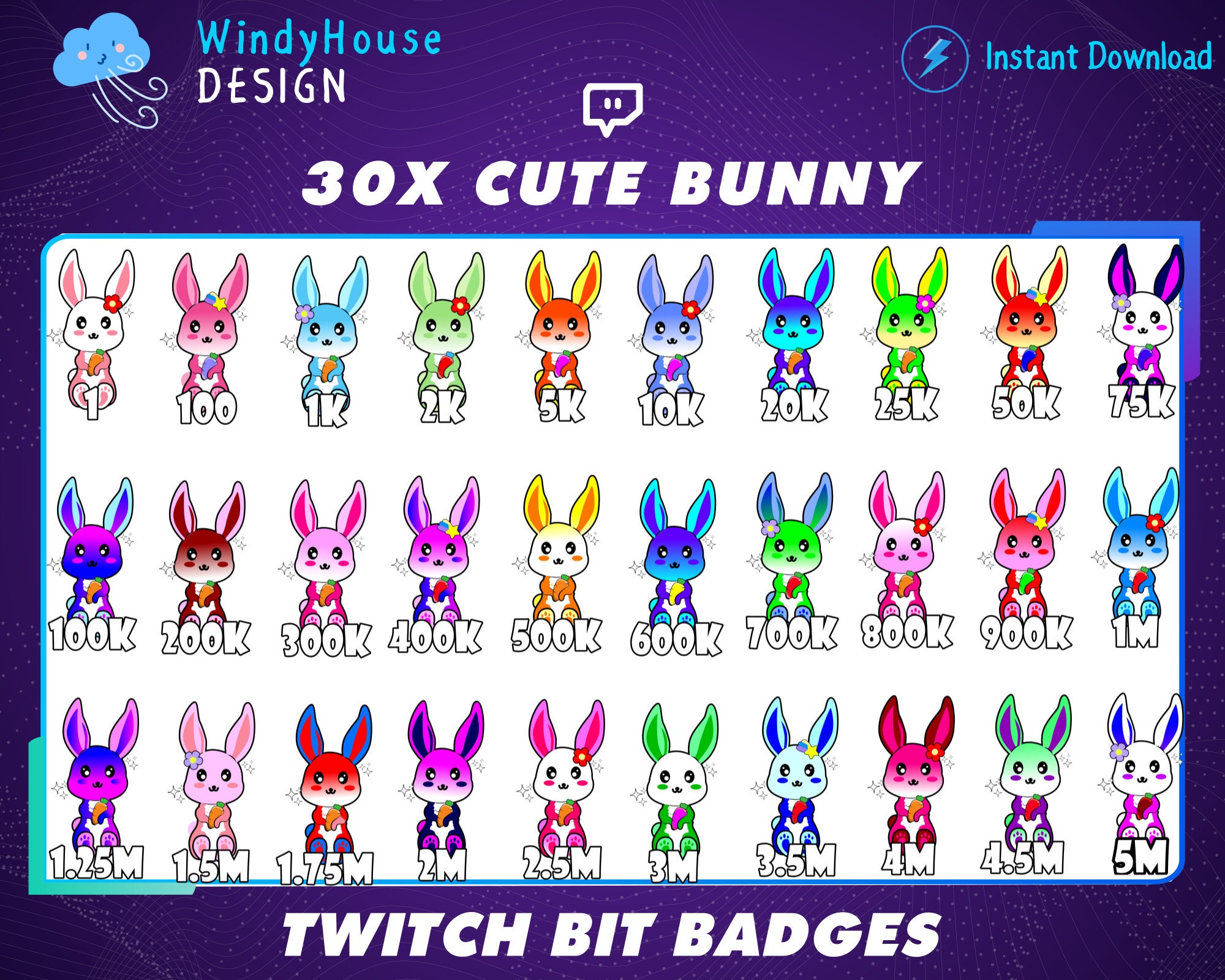 30x Cute Bunny Twitch Bit Badges, Complete Twitch Bit Badges Set ...