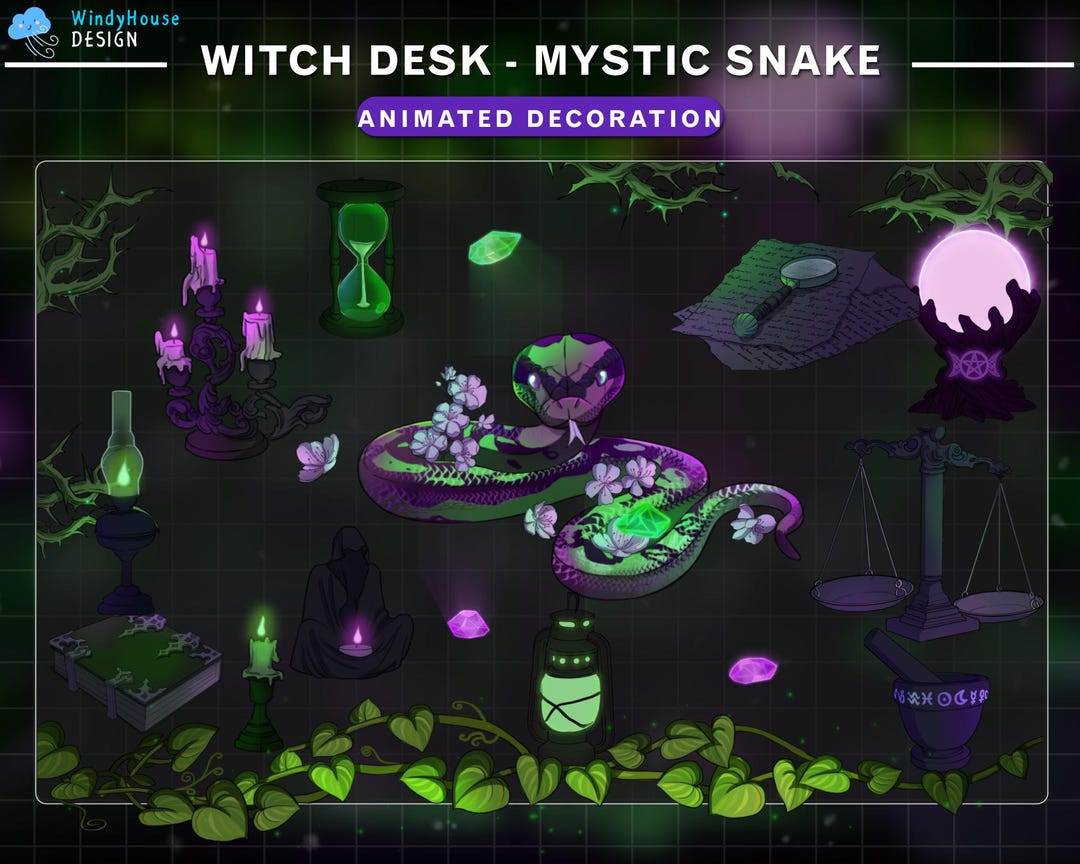 Animated Witch Desk Stream Decoration – Mystic Snake, Tarot Cards ...