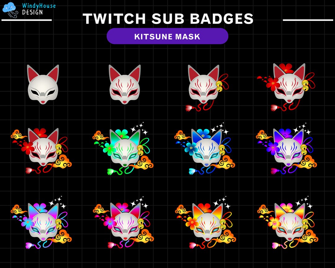 Kitsune Mask Twitch Sub Badges, Fox Mask Twitch Badges for Streamers ...