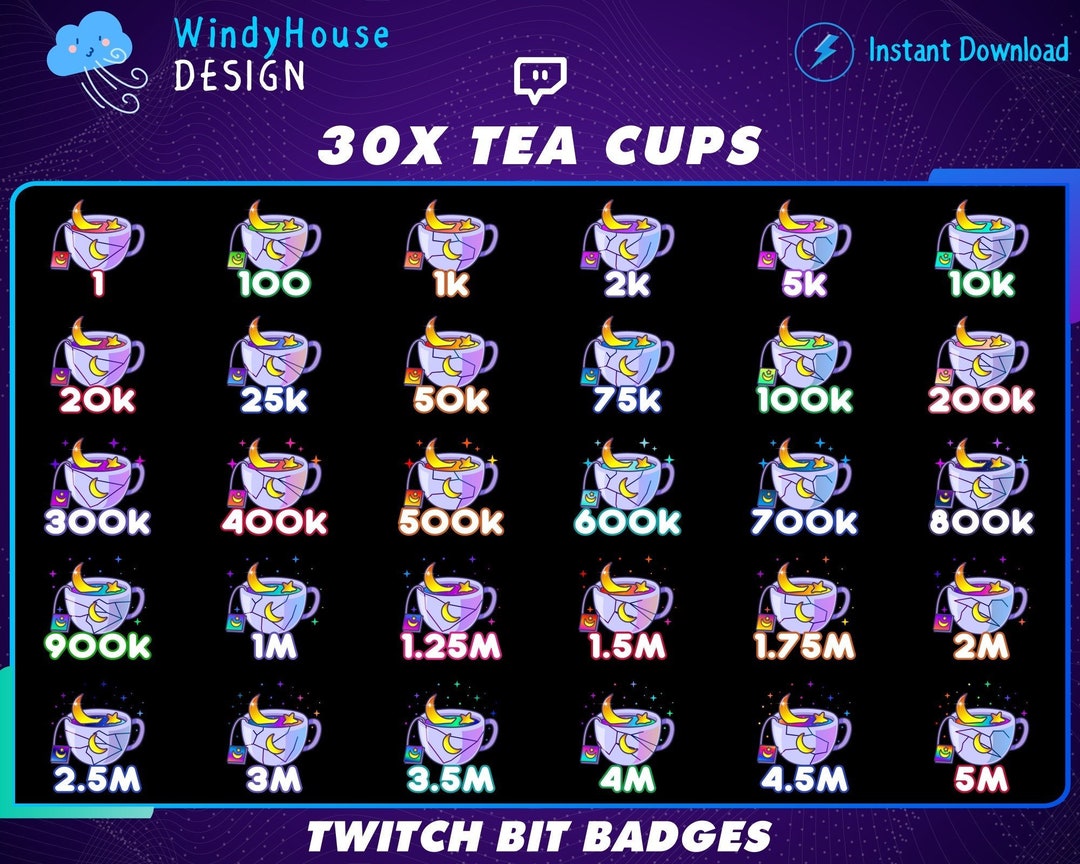 30x Tea Cups Twitch Bit Badges, Full Twitch Bit Badges Set, Twitch Tier ...