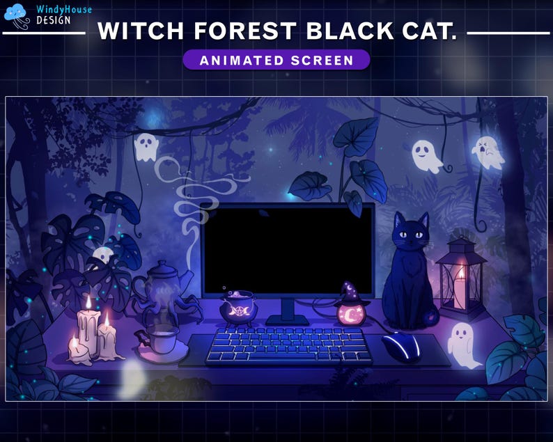 Animated Stream Screens Witch Desk Black Cat in Forest, Mystic Twitch ...