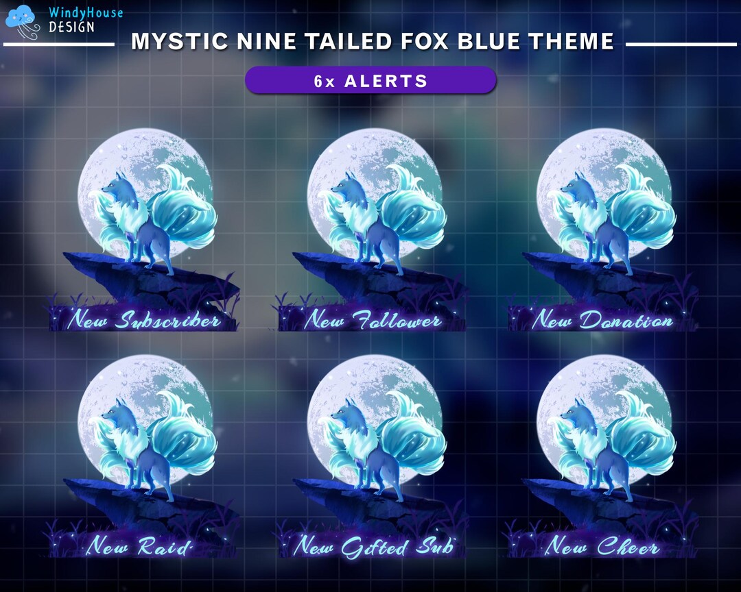 Mystic Kitsune Aesthetic Twitch Alert, Cute Blue Nine Tailed Fox With ...