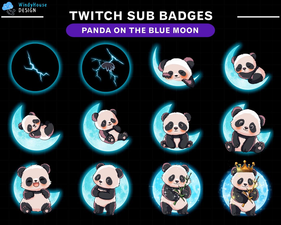 Panda Blue Moon Twitch Sub Badges/ Panda Twitch Sub Badges Set/ Twitch ...