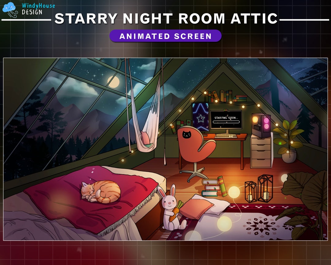 Animated Cozy Attic Bedroom Stream Screens With Cute Cat and Bunny ...