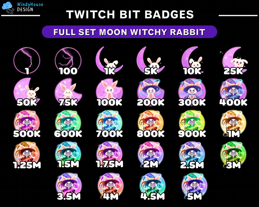 Full Set Moon Witchy Rabbit Twitch Bit Badges, Cute Magical Bunny ...