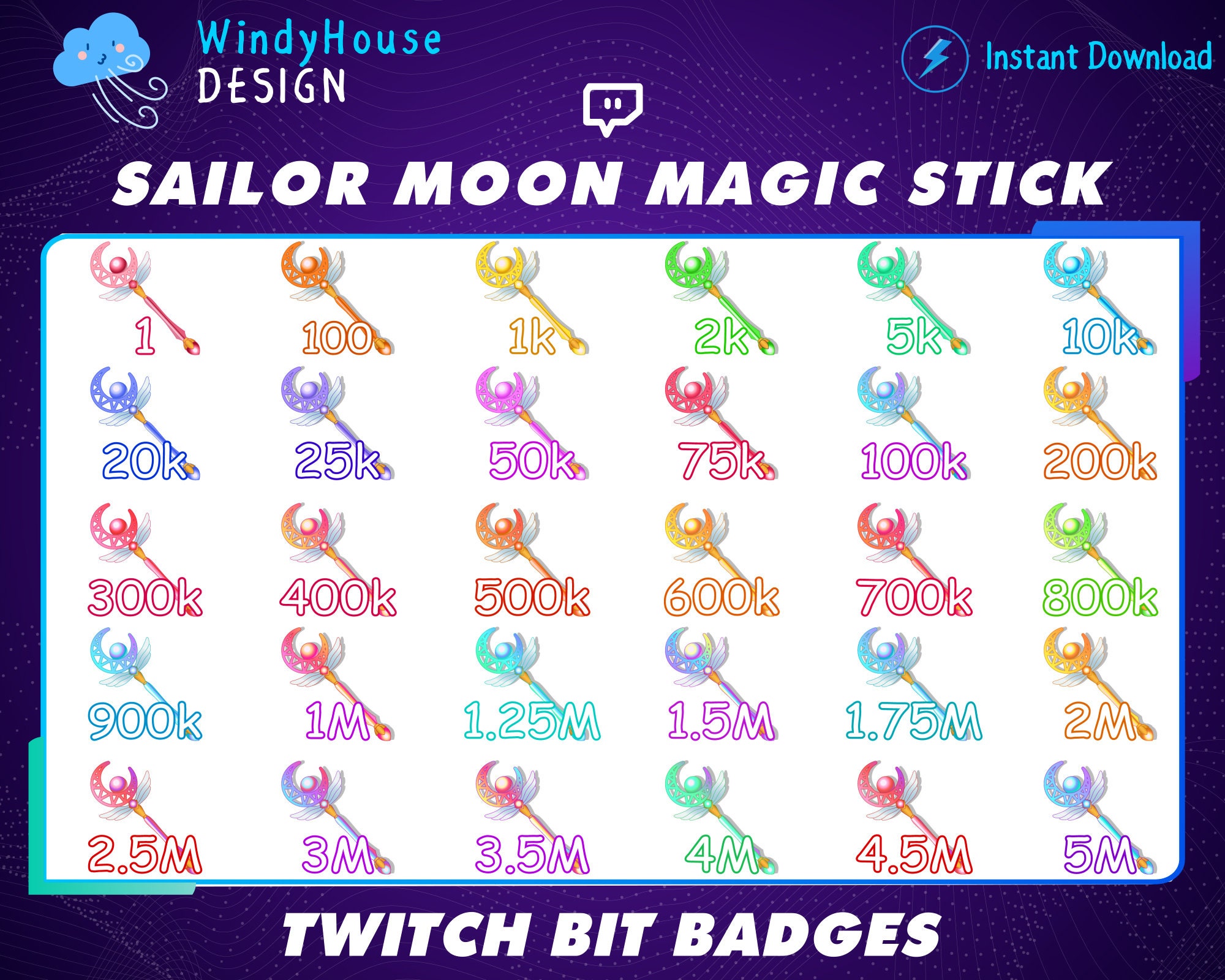 30x Sailor Moon Magic Stick Twitch Bit Badges Moon Bit Badges - Etsy