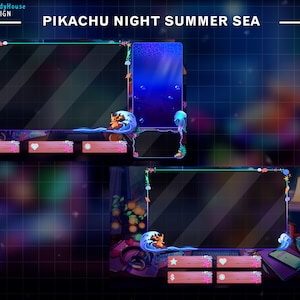 Animated Stream Package Pikachu Lofi Desk Night Summer Sea, Game Room Aesthetic Twitch Overlay ...