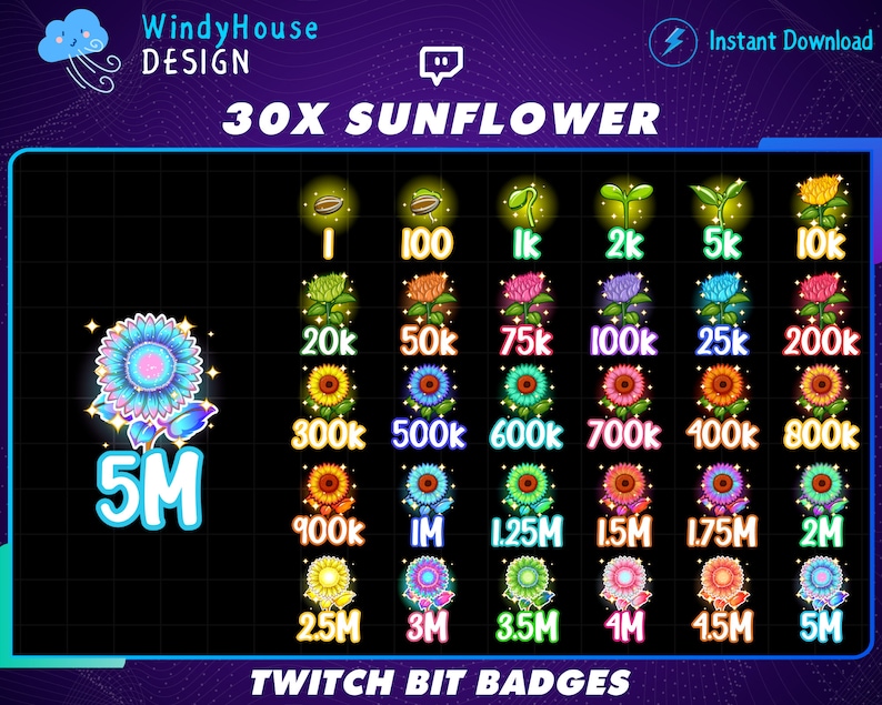 Set of 30 Colorful Sunflower Twitch Bit Badges, Kawaii Flower Sub ...