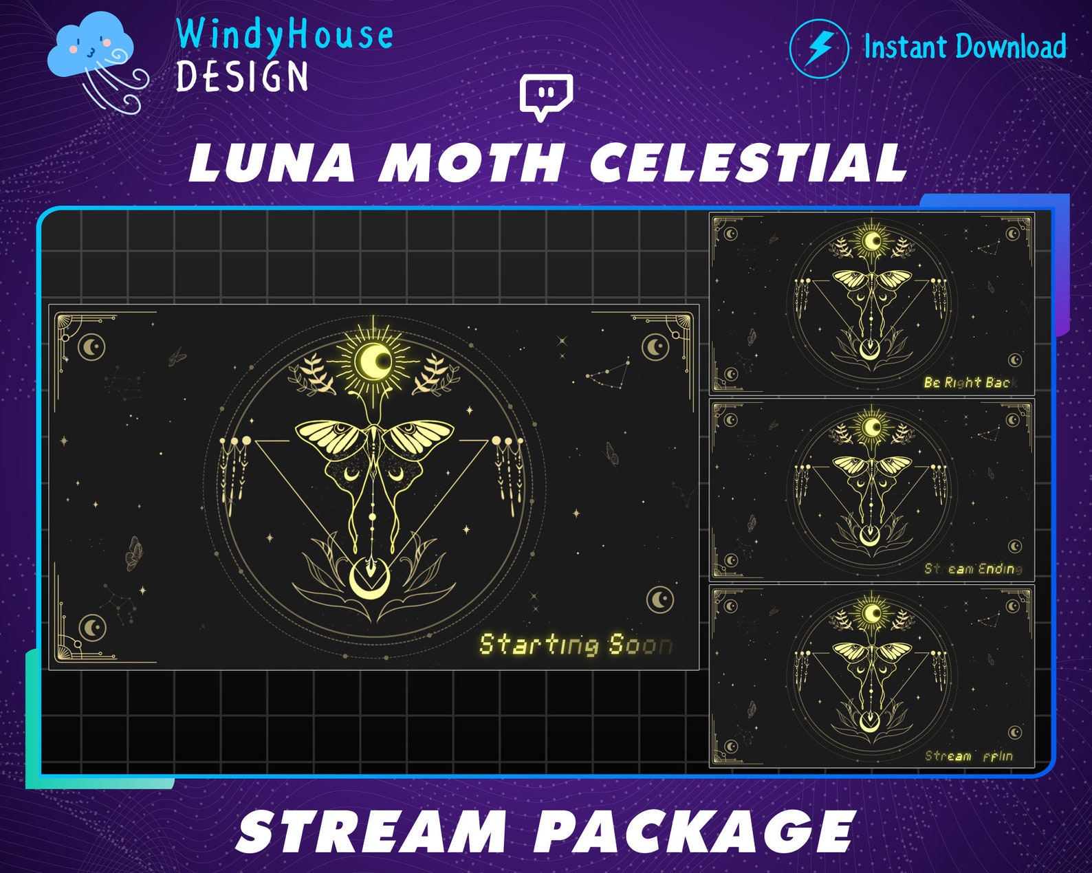 Animated Luna Moth Twitch Overlay Stream Package Celestial - Etsy