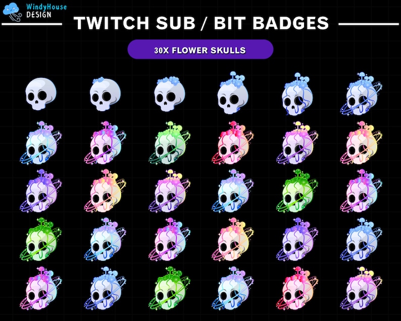 Full Set 30x Cute Skull Twitch Bit Badges / Complete Twitch Bit Badges ...