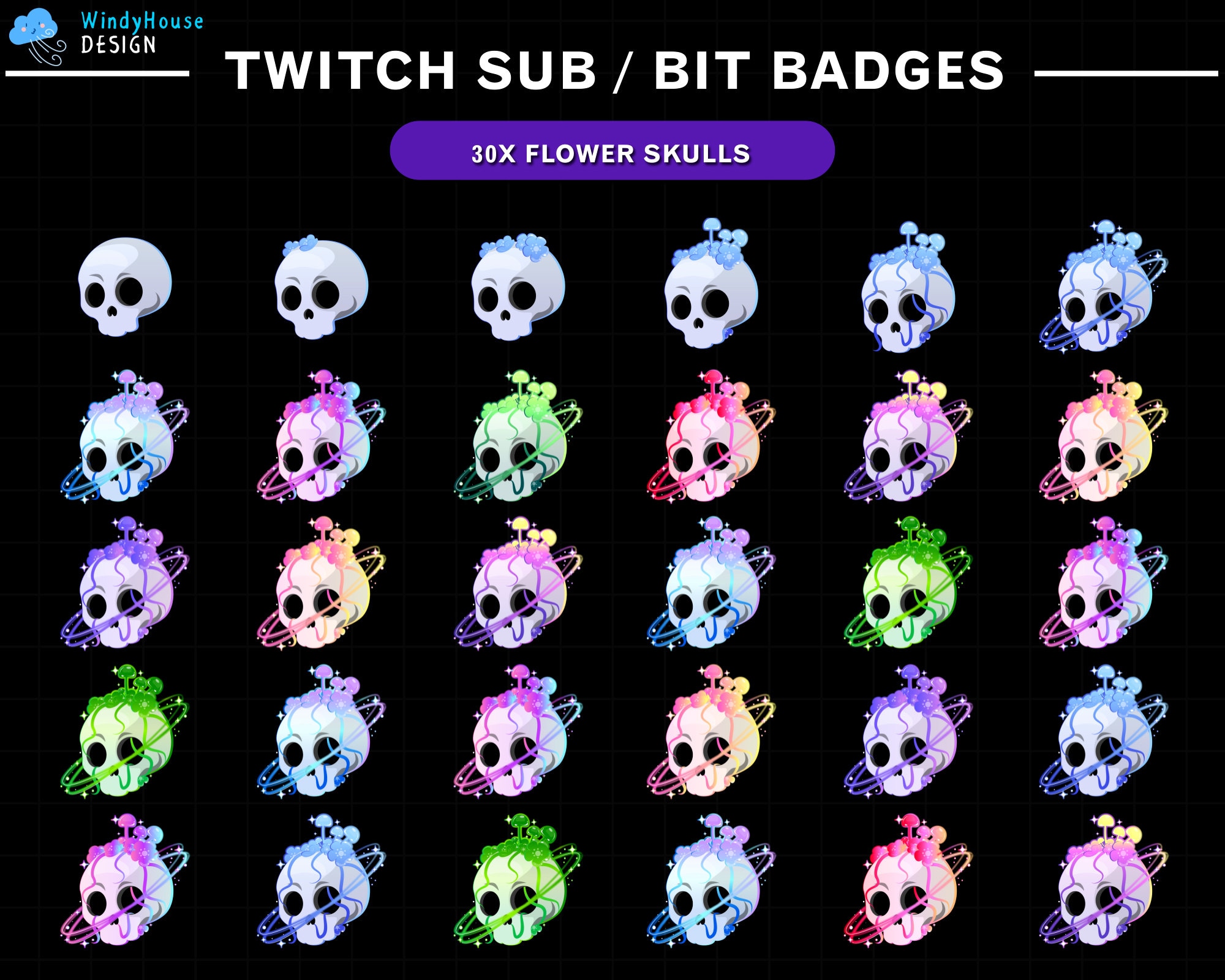 Full Set 30x Cute Skull Twitch Bit Badges / Complete Twitch Bit Badges ...