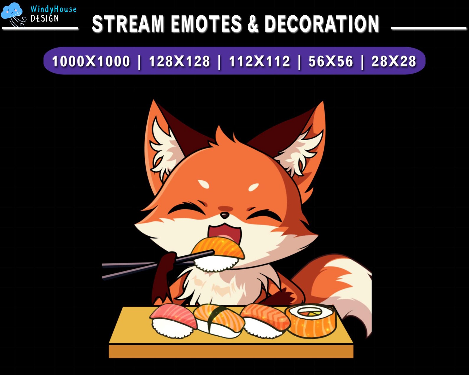 Fox Sushi Animated Twitch Emote | Cute Fox Discord Emote for Streamers ...