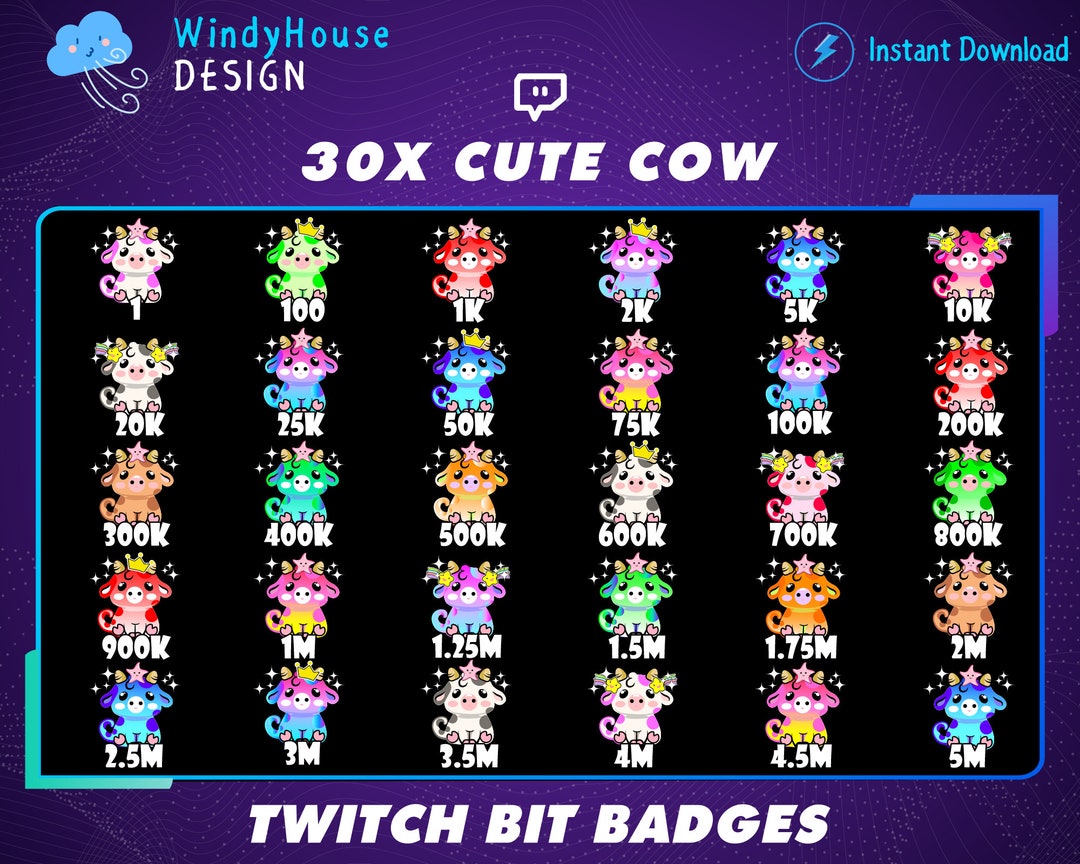 30x Cute Cow Twitch Bit Badges / Complete Twitch Bit Badges Set/ Twitch ...