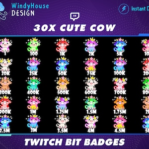 30x Cute Cow Twitch Bit Badges / Complete Twitch Bit Badges Set/ Twitch ...