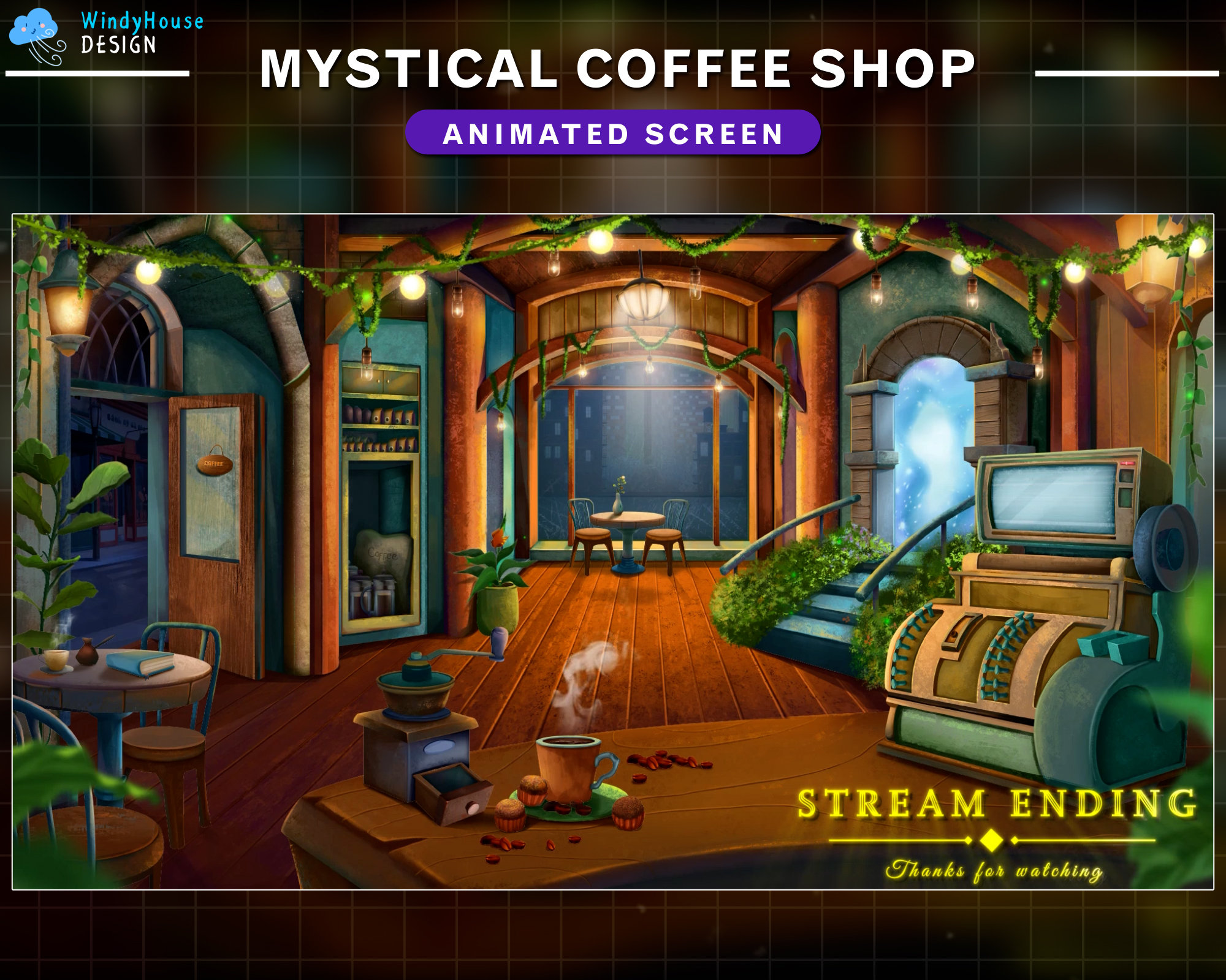 Animated Night Coffee Bar Stream Screens, Mystical Coffee Shop Overlay ...