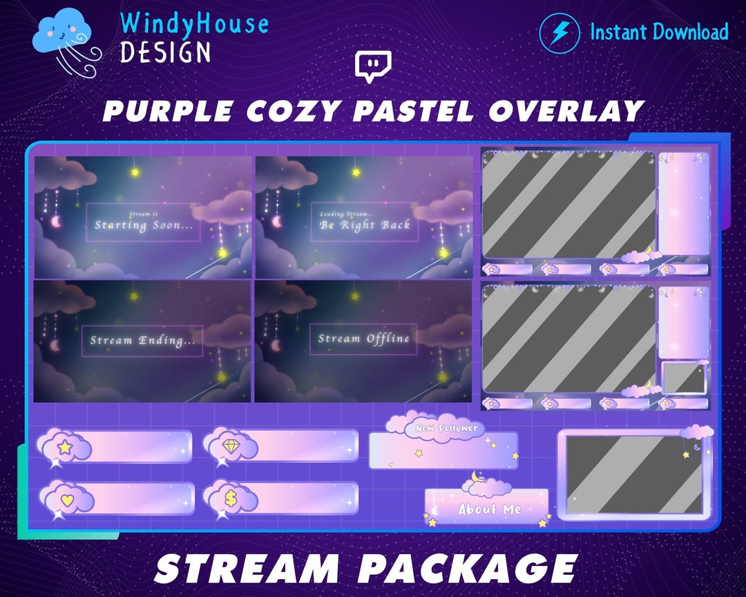 Animated Purple Cozy Pastel Twitch Overlay Stream Package, Galaxy Moon ...