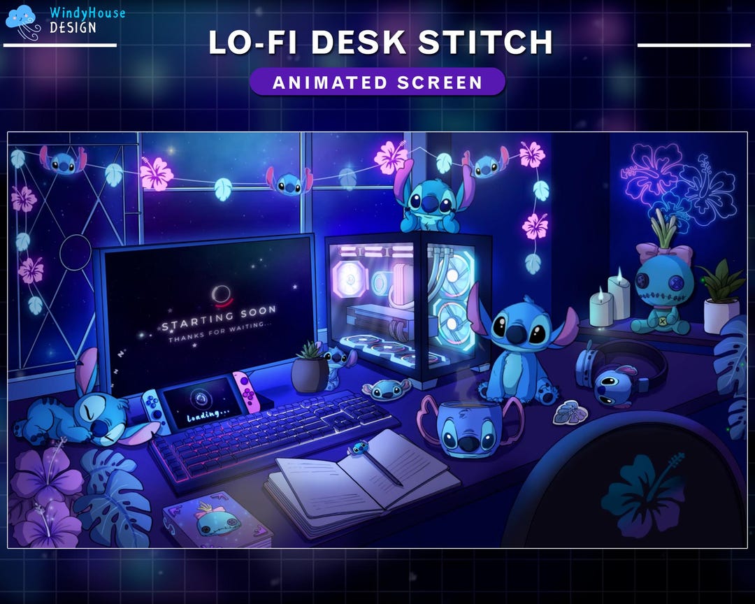 Animated Stream Screen Lo-fi Stitch Desk, Game Room Twitch Overlay With ...