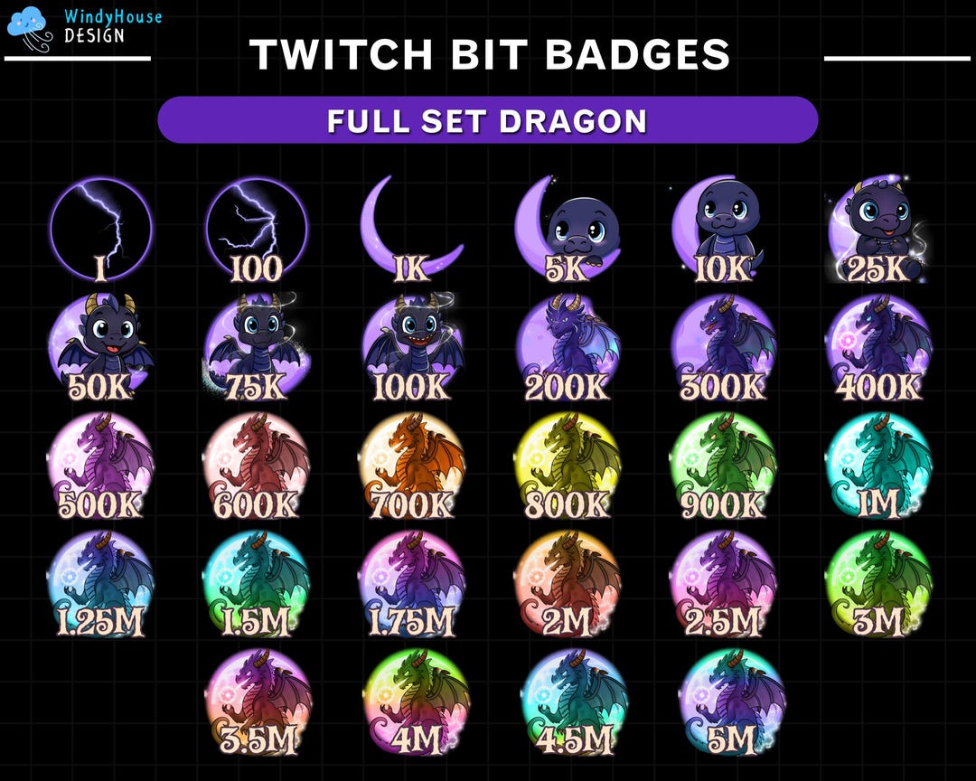Full Set Magical Moon Dragon Twitch Bit Badges, Dragon Evolution Purple ...