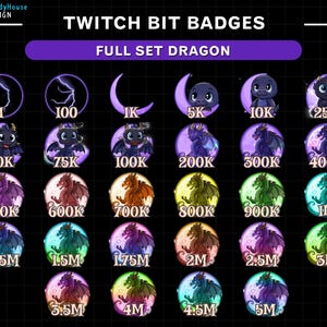Full Set Magical Moon Dragon Twitch Bit Badges, Dragon Evolution Purple ...