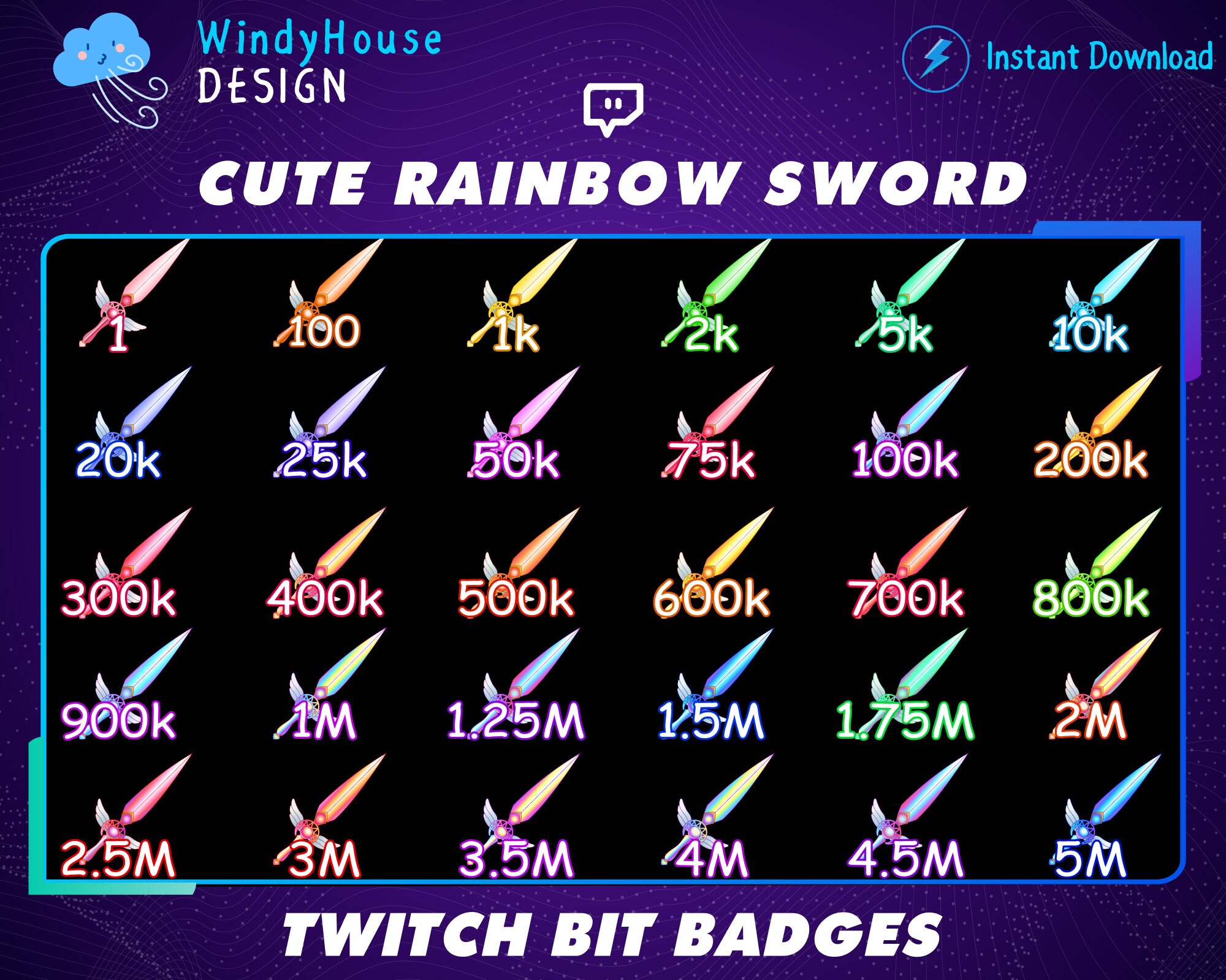 30x Cute Swords Twitch Bit Badges Rainbow Bit Badges Set - Etsy
