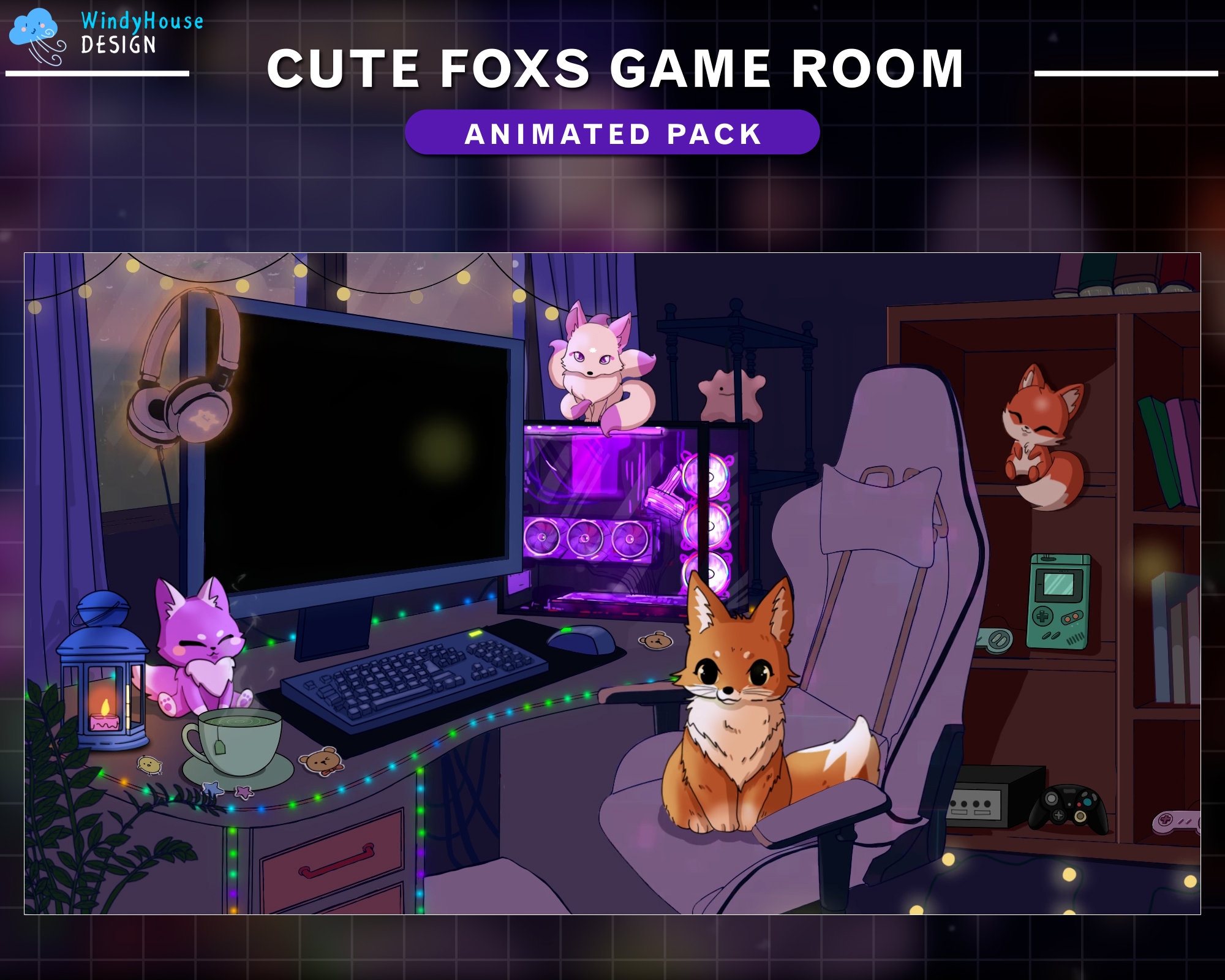 Animated Twitch Overlay Cute Fox Game Room, Animated Stream Package Lo ...