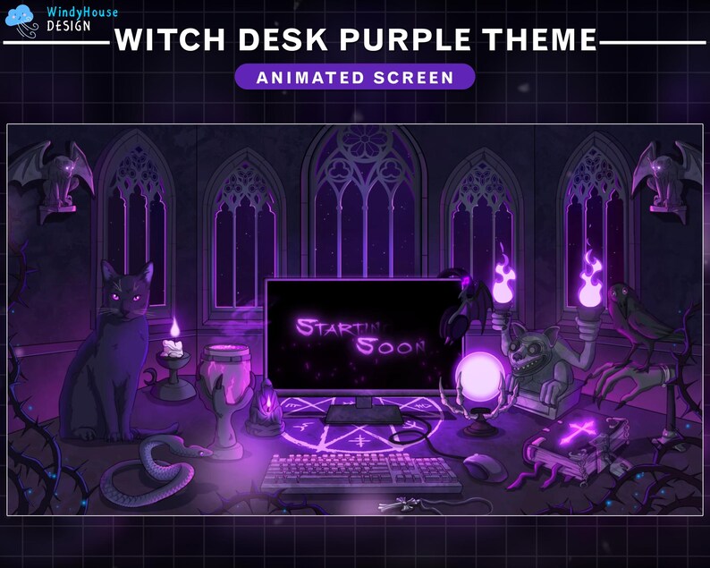 Animated Witch Desk Purple Stream Screens, Halloween Gothic Twitch ...