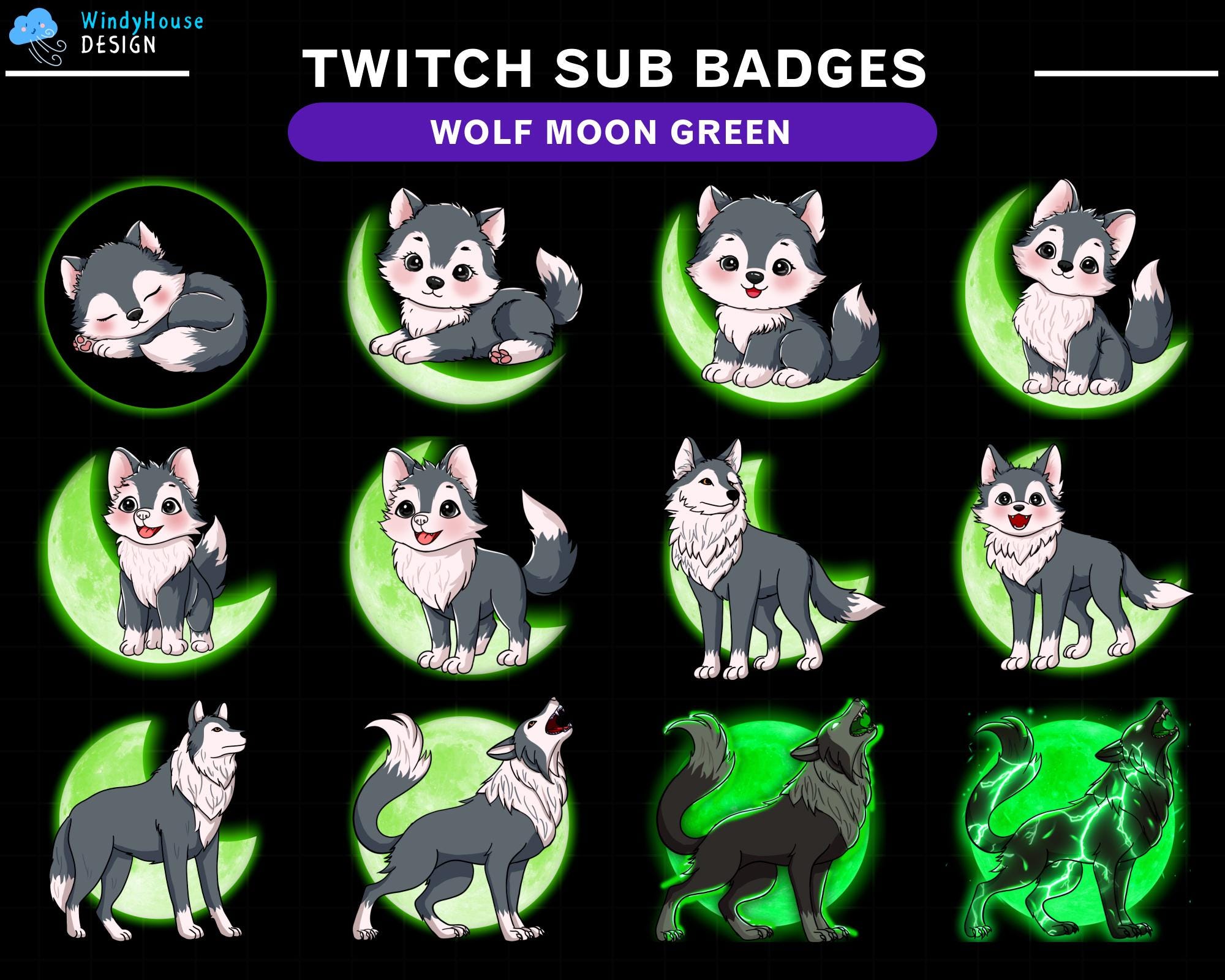 Wolf Moon Green Twitch Sub Badges/ Wolf Twitch Sub Badges Set/ Moon ...