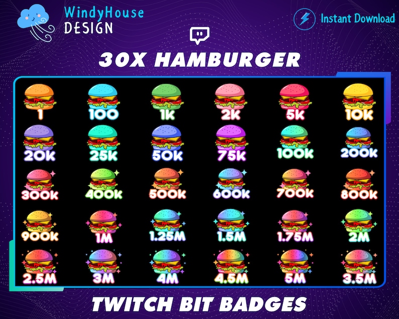 30x Hamburger Twitch Bit Badges, Full Twitch Bit Badges Set, Twitch ...