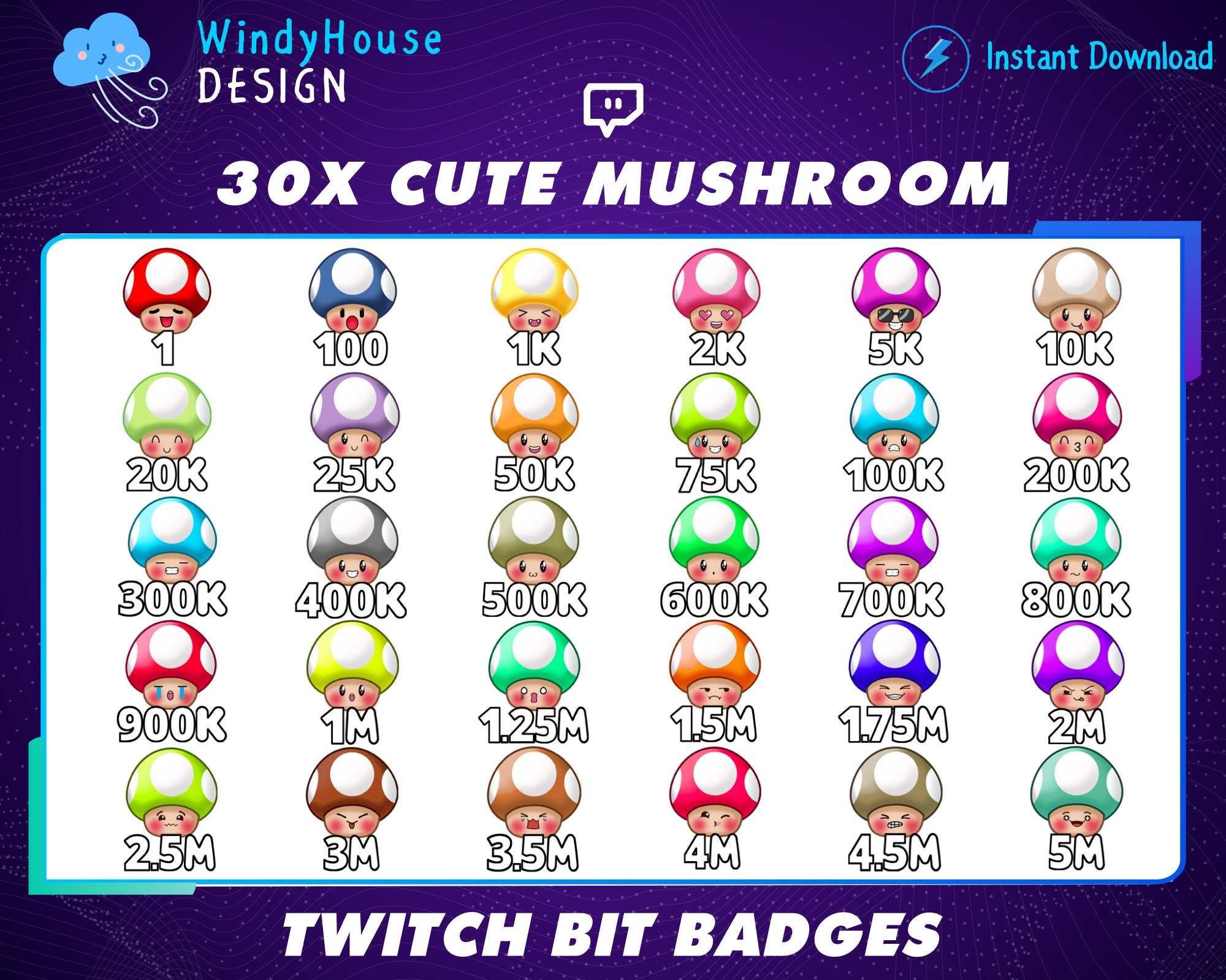 30x Cute Mushroom Twitch Bit Badges, Cute Twitch Bit Badges Set, Twitch ...