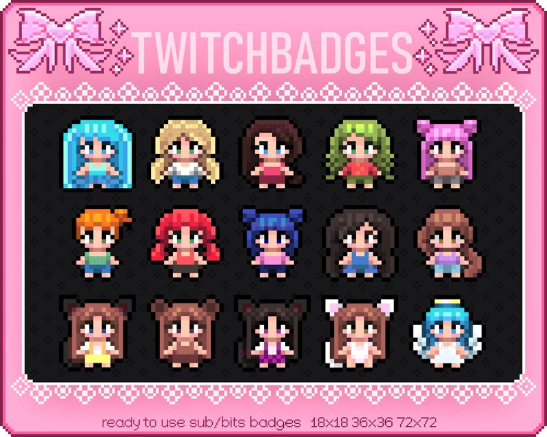Cute Girls Sub Badges | Sub/bit Pixel Mini People With Different Hair ...