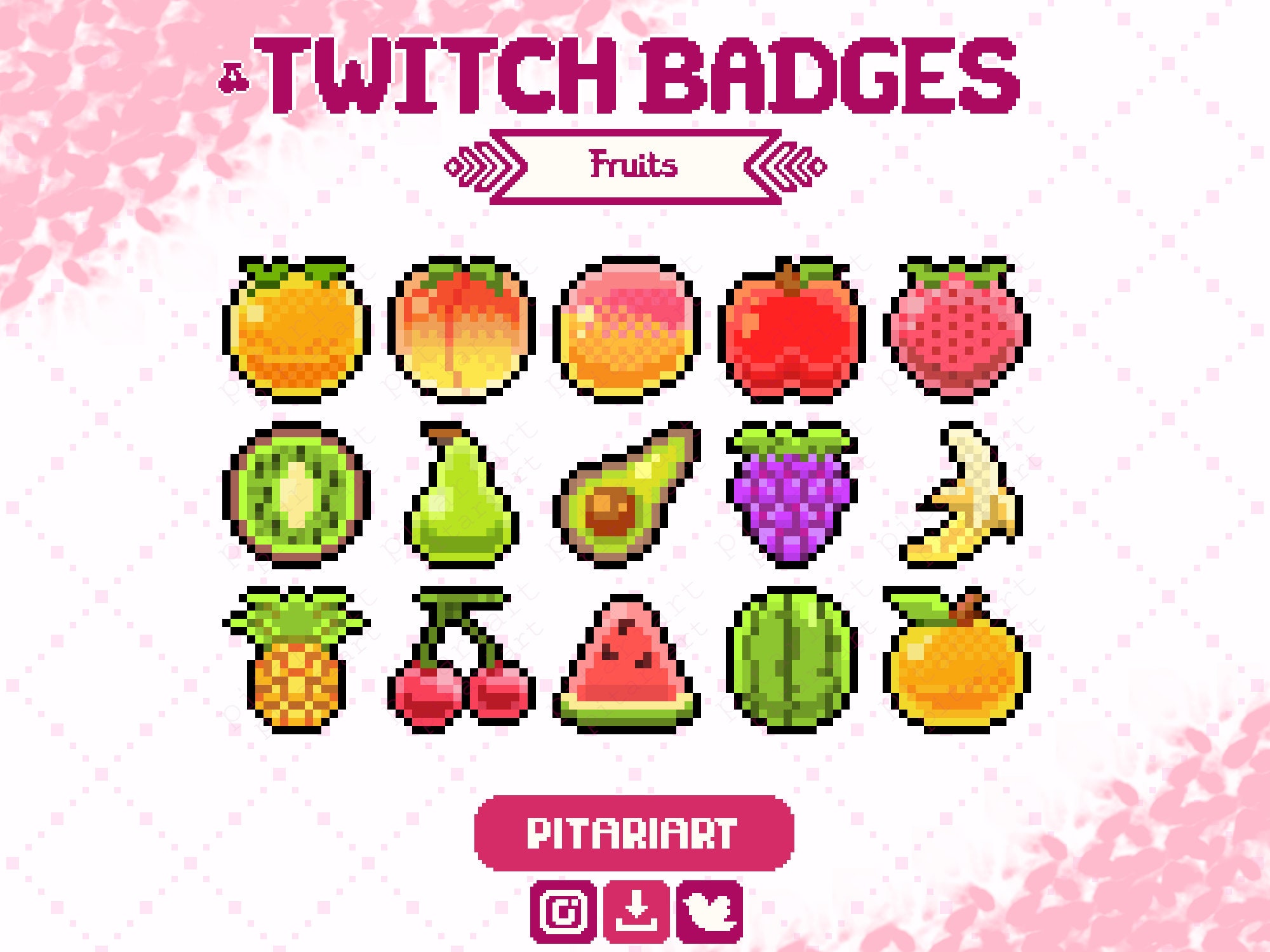 Twitch Sweet Fruits Sub/bit Badges for Streaming Delicious Pixel Fruit ...