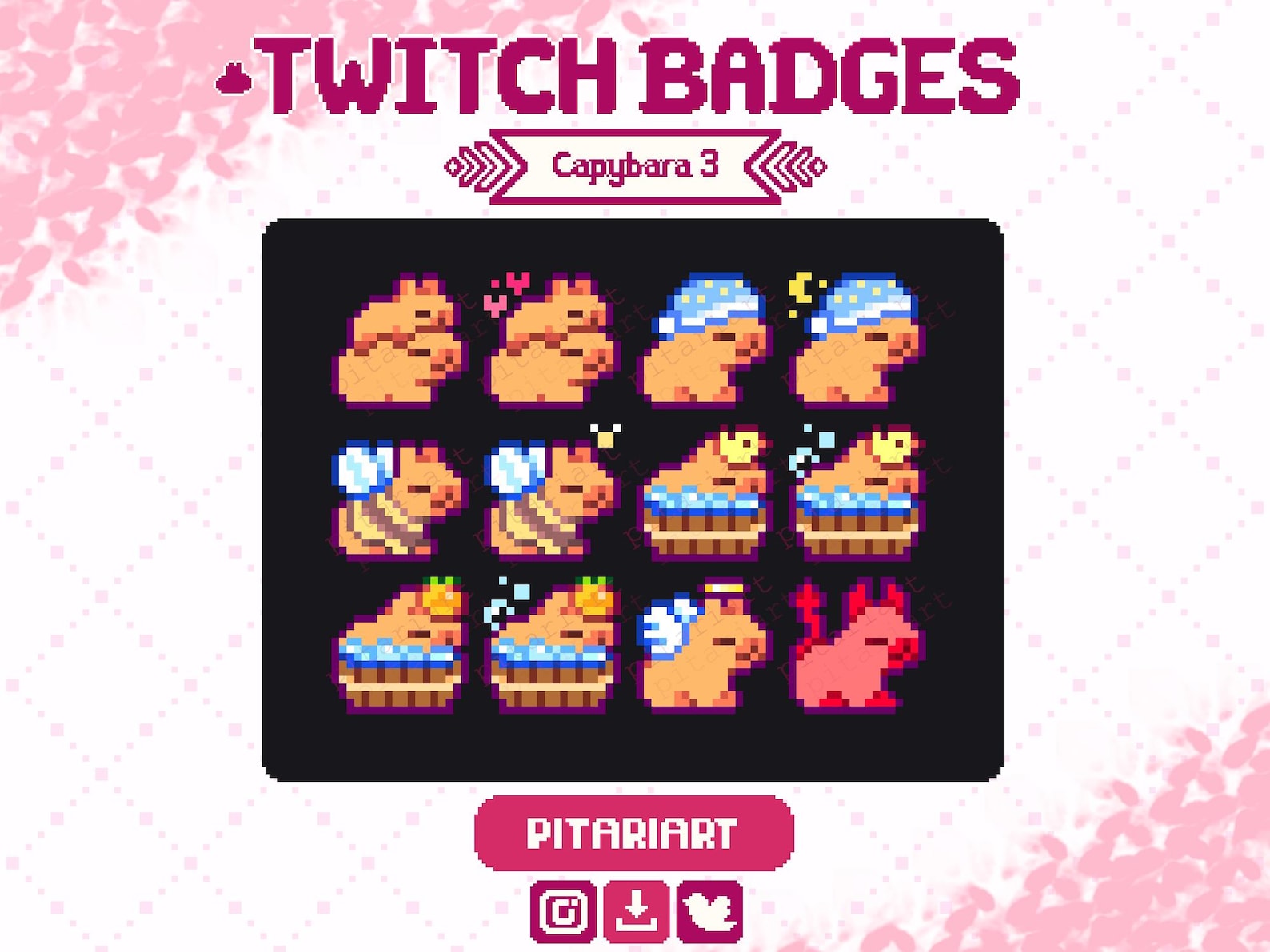 Capybara Cute Sub/bit Badges for Twitch Streaming | Love, Bee, Bath ...