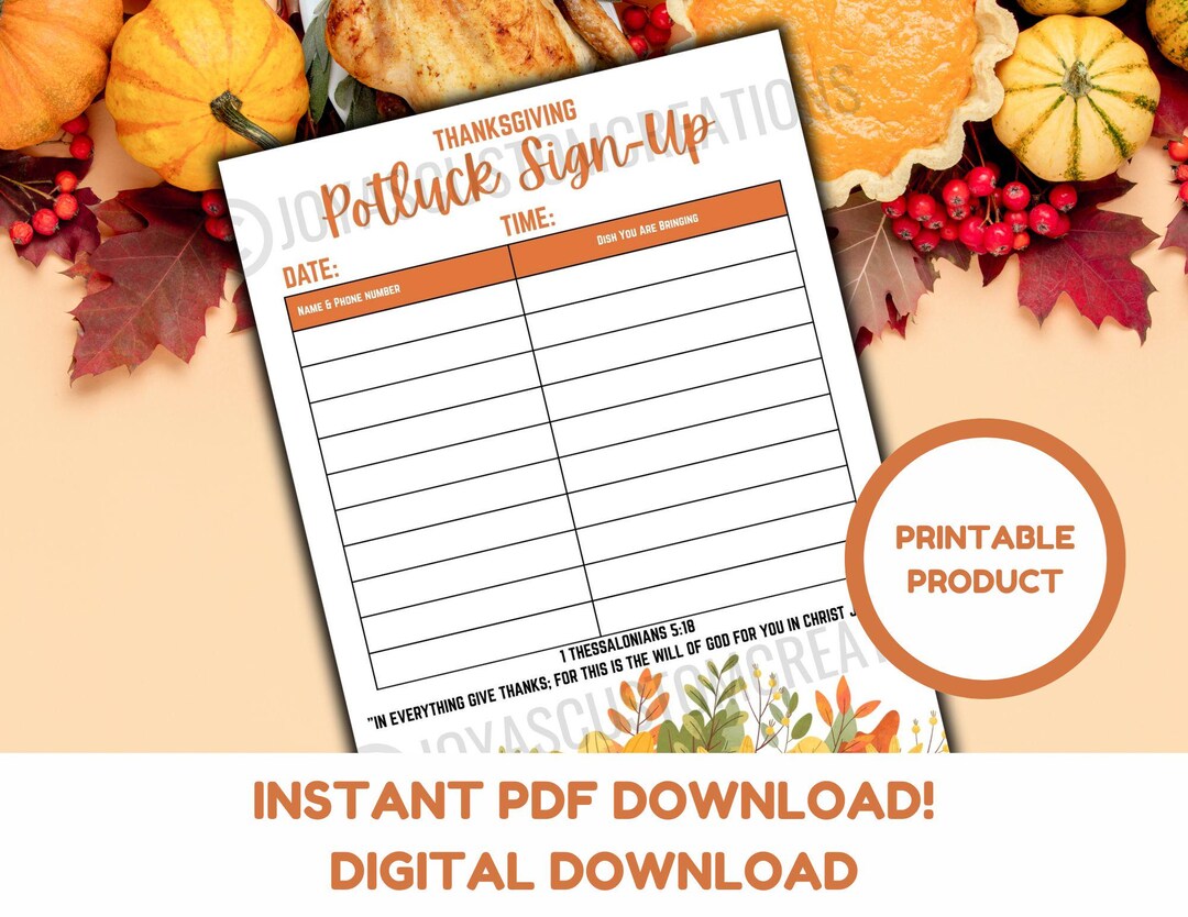 Christian Thanksgiving Potluck Sign up | DIGITAL DOWNLOAD PDF ...