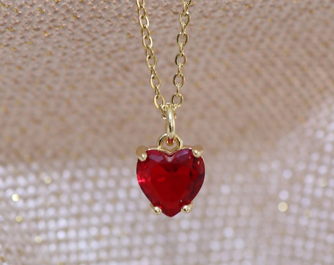 Red Ruby Necklace , Red Gold Heart Necklace , Red Heart Choker , Ruby ...